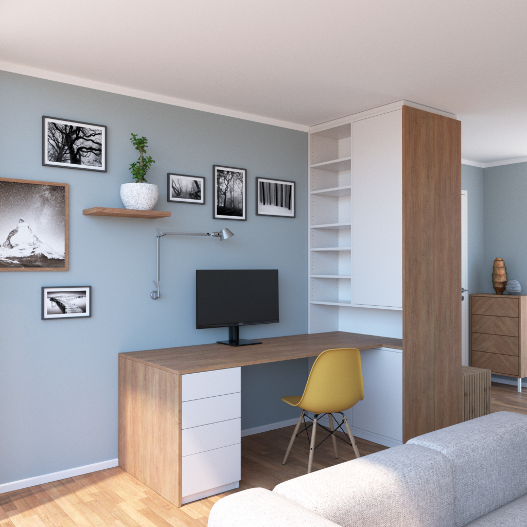 Homeoffice offen im Wohnzimmer: Tisch und Stauraum integrieren